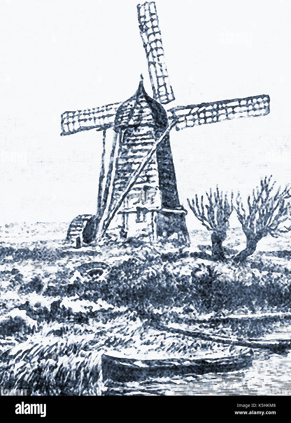 An old sketch of a wooden smock type dwelling windmill in the Fens ...