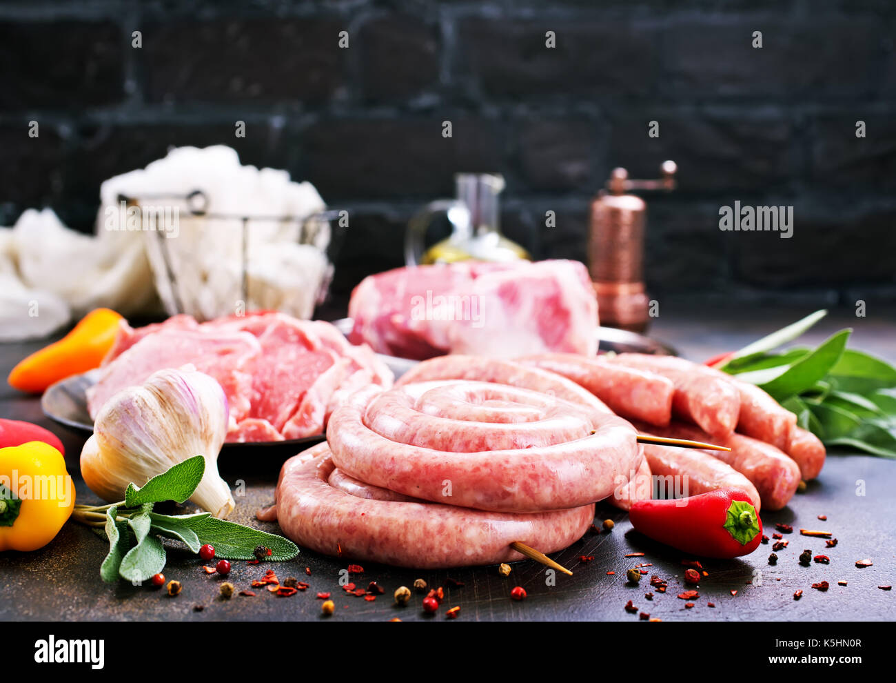 Collage fresh raw sausages hi-res stock photography and images - Alamy