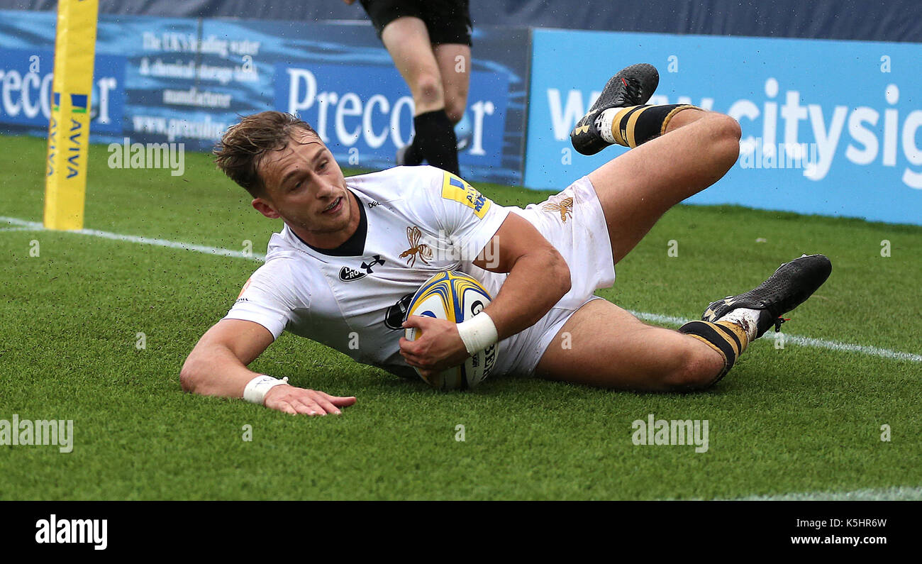 Wasps' Josh Bassett scores his sides third try of the game against ...