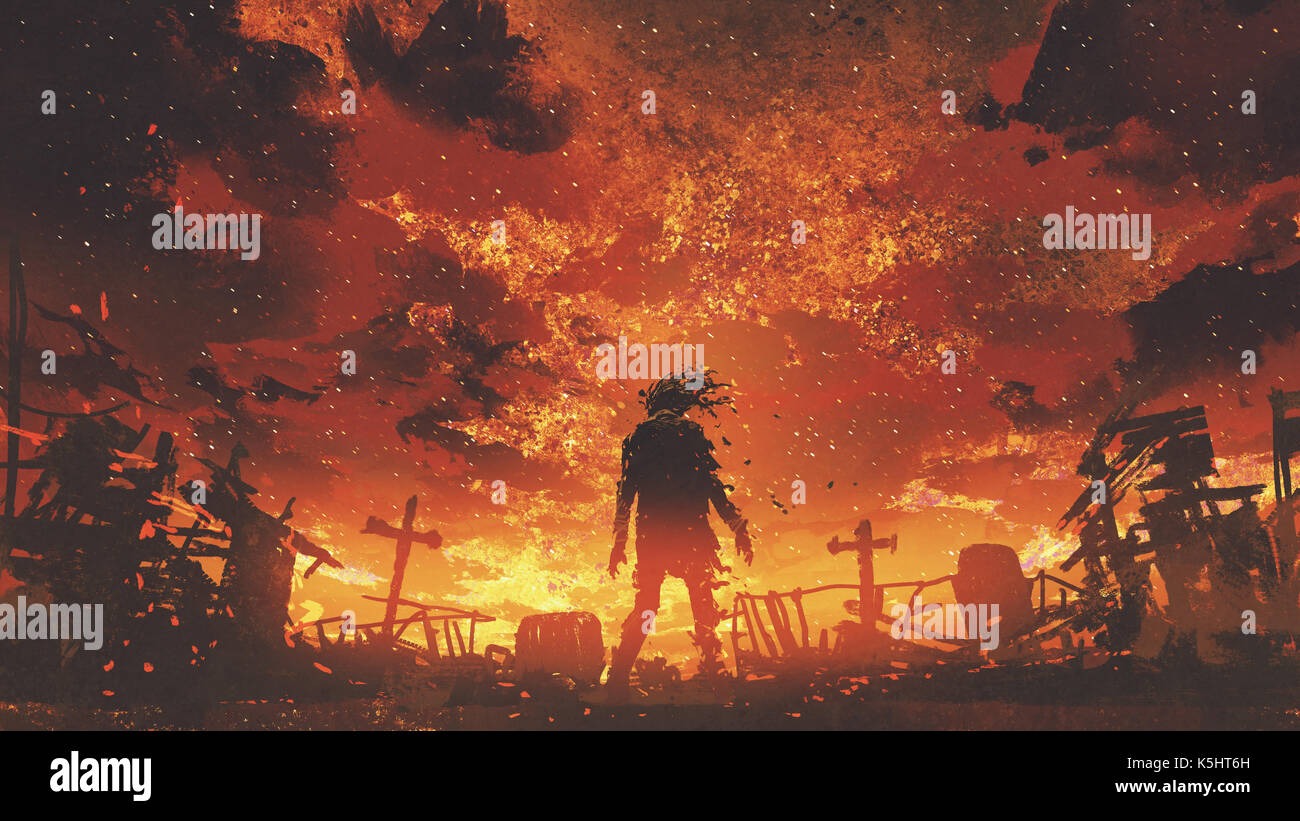 zombie walking in the burnt cemetery with burning sky, digital art ...