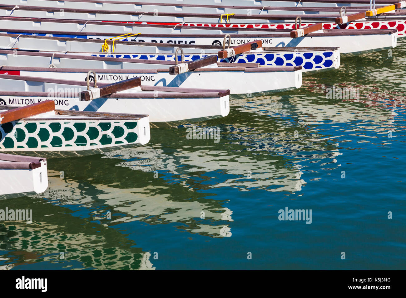 Dragon boats tethered to a dock in preparation for racing Stock Photo ...