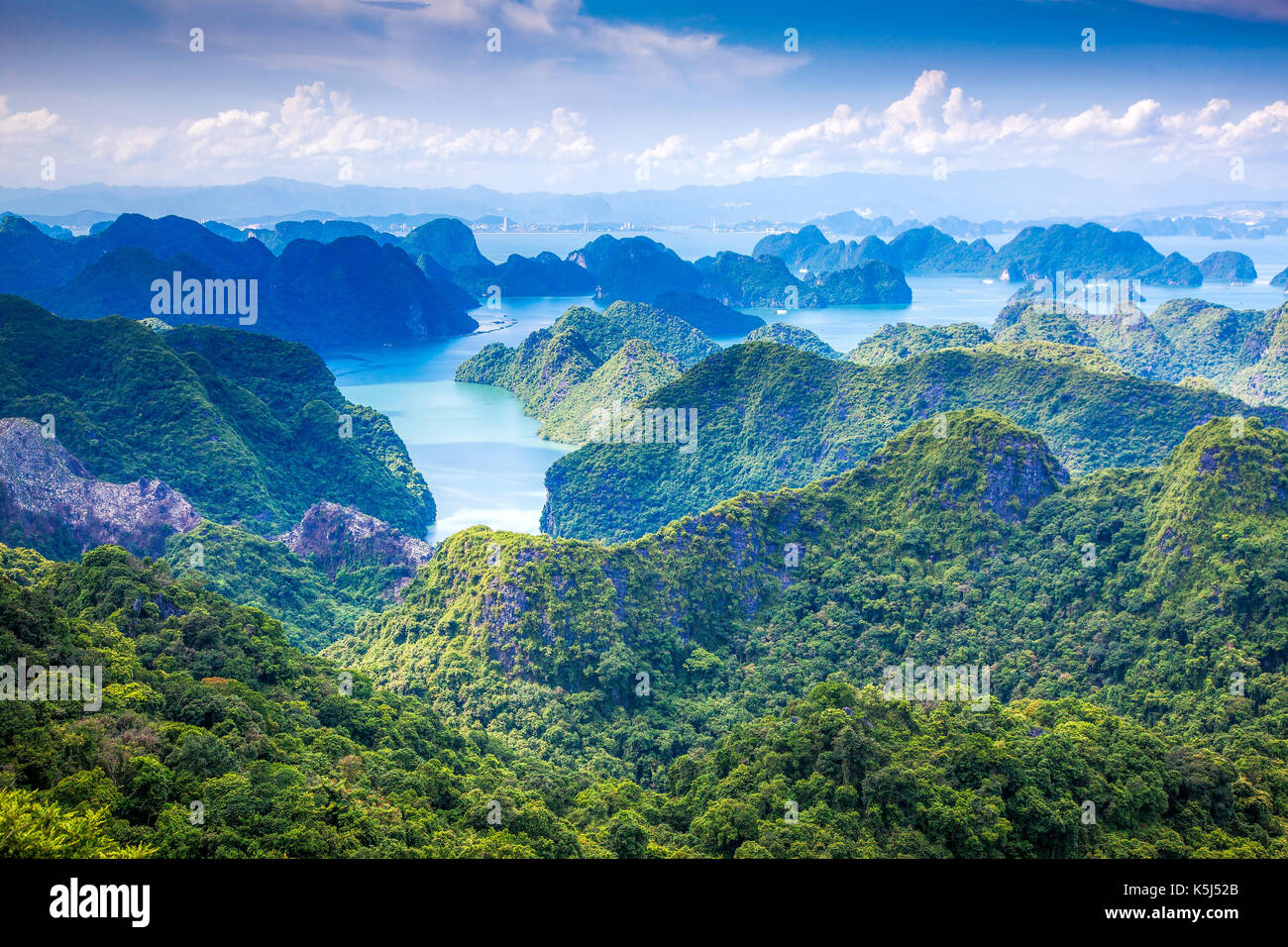 scenic view over Ha Long bay from Cat Ba island, Ha Long city in the ...
