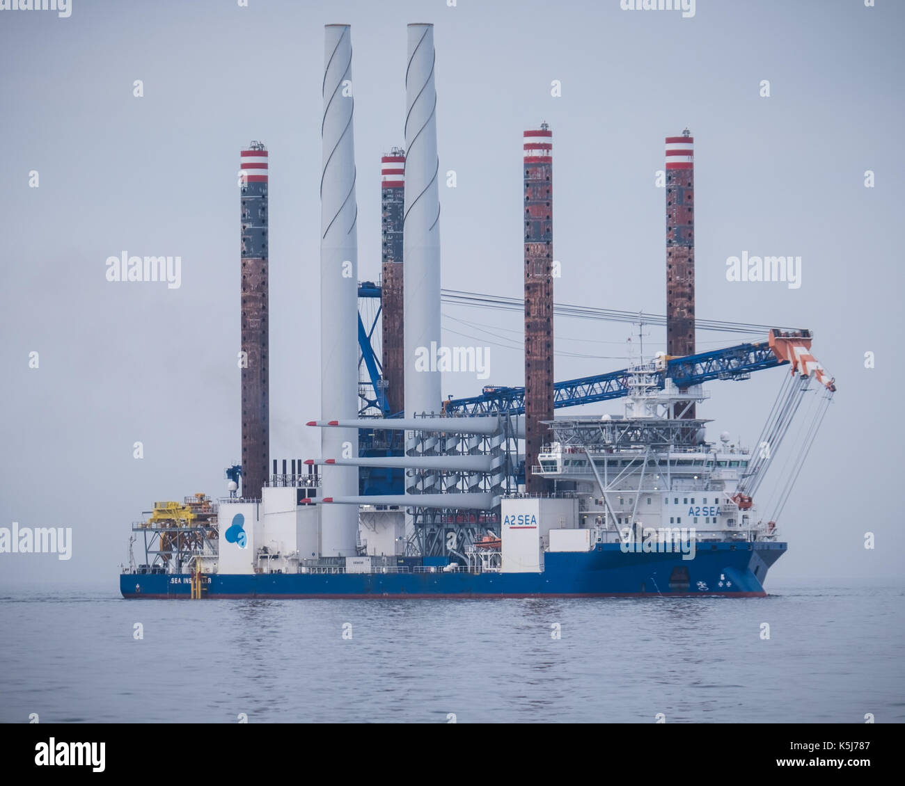 The wind turbine installation vessel, Sea Installer, on Race Bank ...