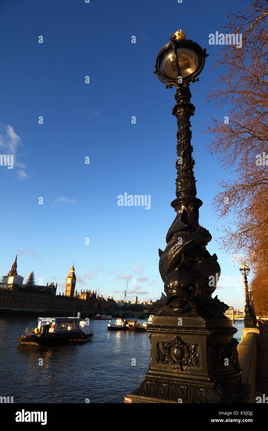 Vulliamy dolphin lamp on Albert Embankment , Big Ben and Palace of ...