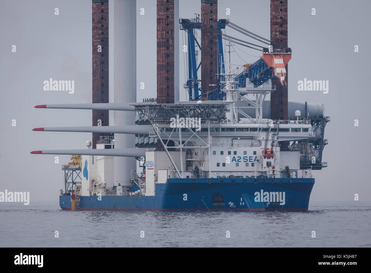 The wind turbine installation vessel, Sea Installer, on Race Bank ...