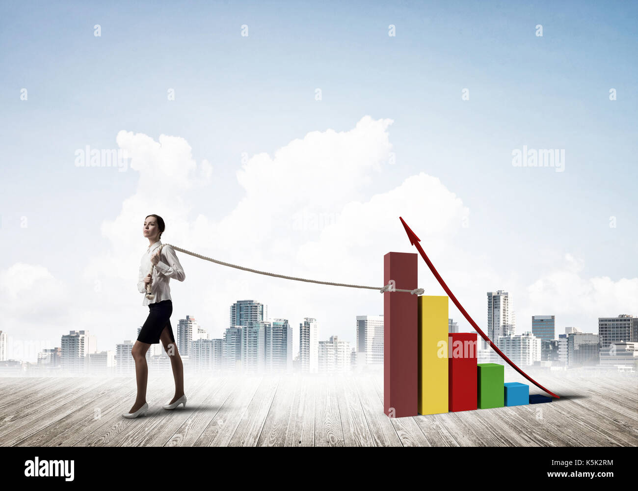 Businesswoman pulling arrow with rope and making it raise up Stock ...