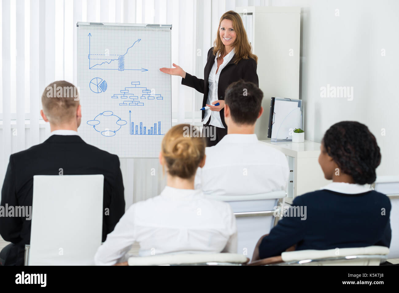 Happy Female Manager Explaining Business Strategy To Her Team At ...
