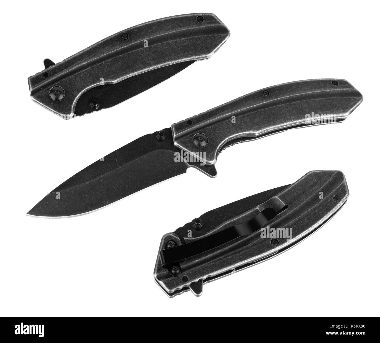 Sharp folding knifes with stainless steel handle. EDC knife close-up on ...