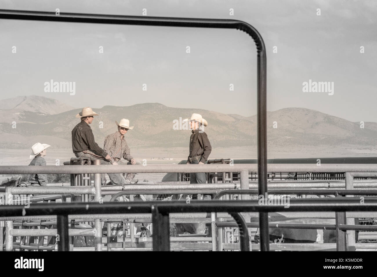 Cowboys talking framed by rail Stock Photo - Alamy