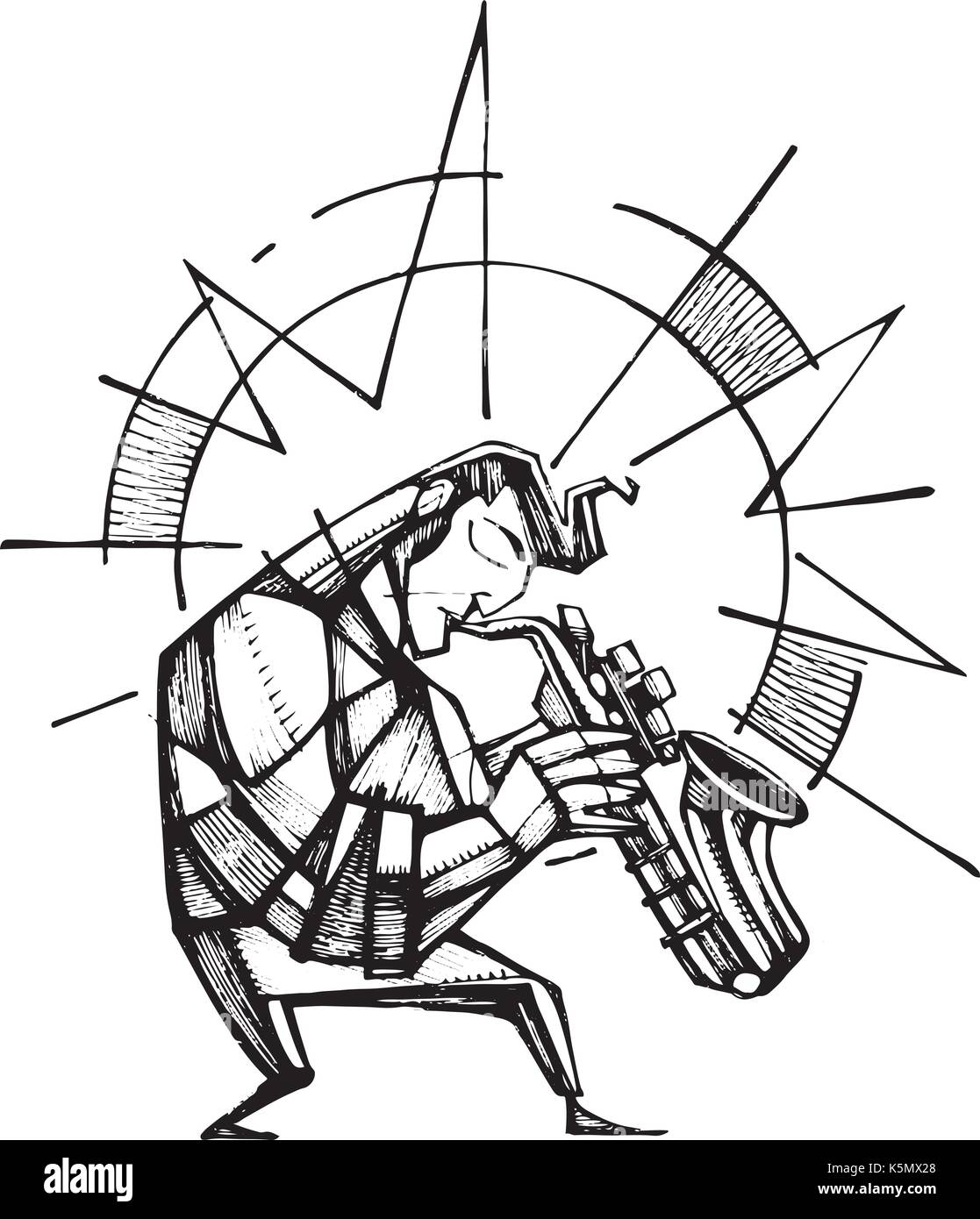 Hand drawn vector illustration or ink drawing of a sax player Stock ...