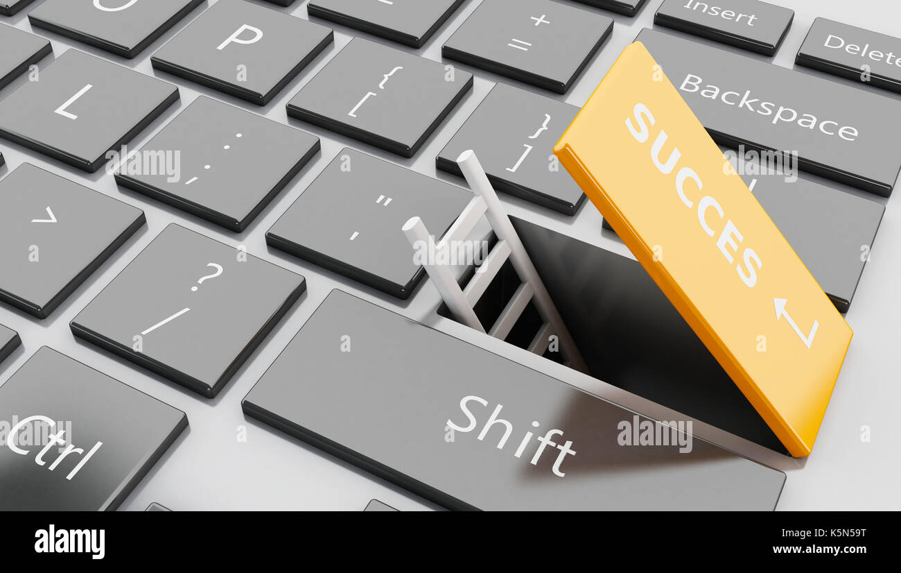 3d illustration. Open "success" button with ladder coming out. Business ...