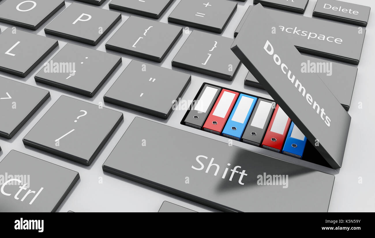 3d illustration. Open "documents" button with folders. Online storage ...