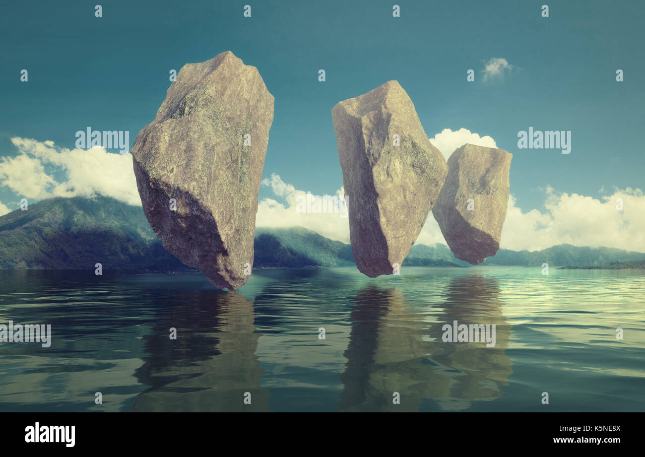 floating rocks in the sky over the lake. 3d combination illustration ...