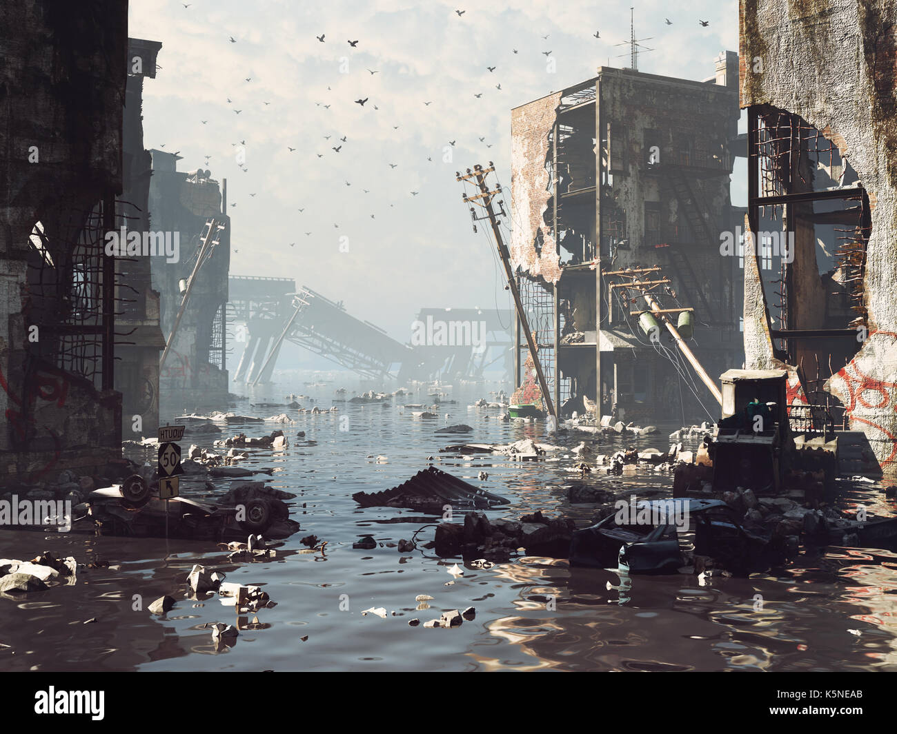 Ruins of the flooding city. Apocalyptic landscape.3d illustration ...