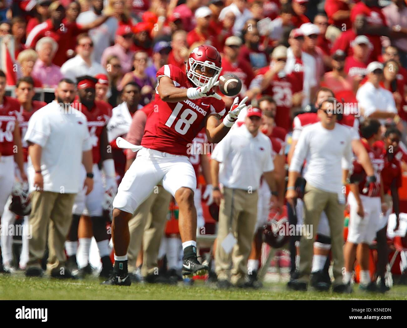 Sep 9, 2017: Razorback receiver Jeremy Patton #18 looks in a ball. The ...