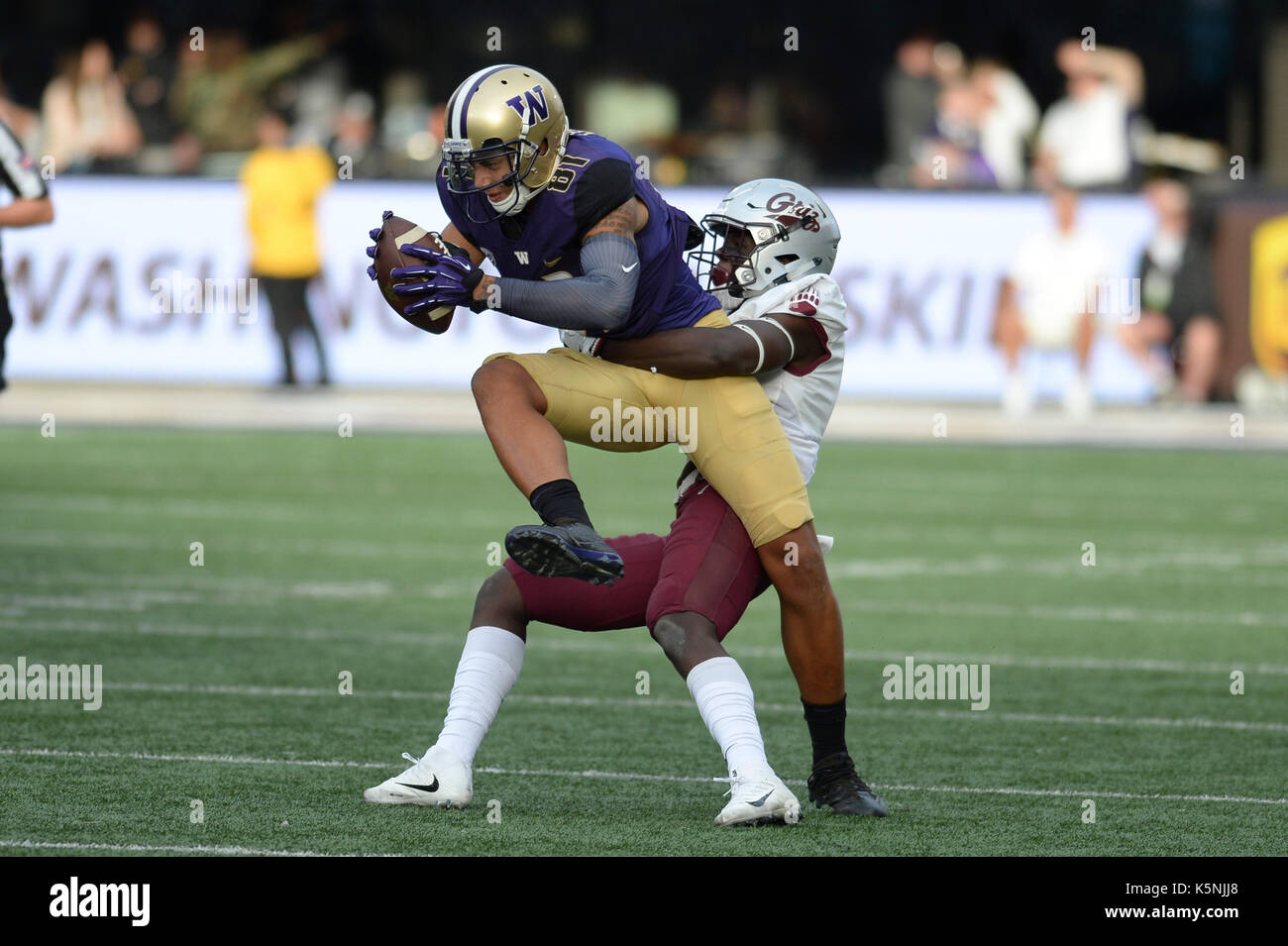 Seattle, WA, USA. 9th Sep, 2017. UW receiver Brayden Lenius (81) tries ...