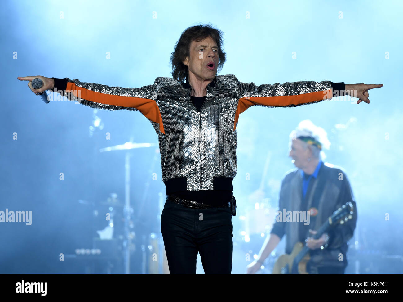 Mick Jagger performs on stage during the start of the Rolling Stones ...