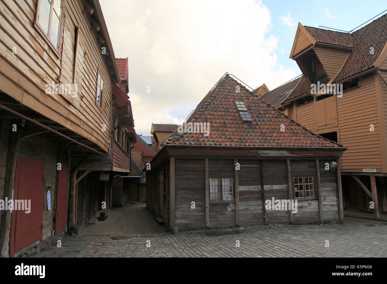 Historic Hanseatic League wooden buildings Bryggen area, Bergen, Norway ...