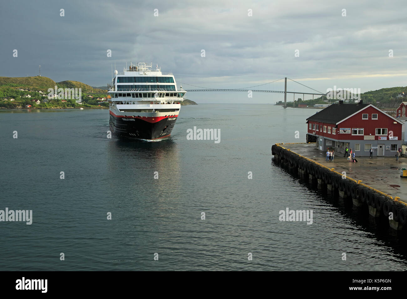 Hurtigruten ship 'Trollfjord' arriving at port of Rorvik, Norway Stock ...