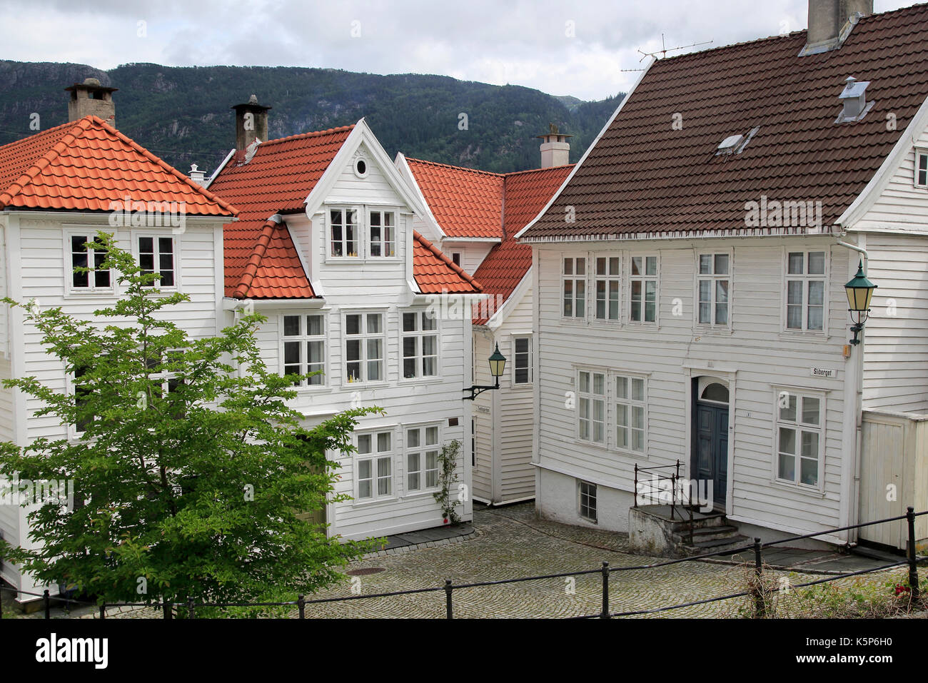 Historic wooden houses in Bekketomten street, Nordnes district, Bergen ...
