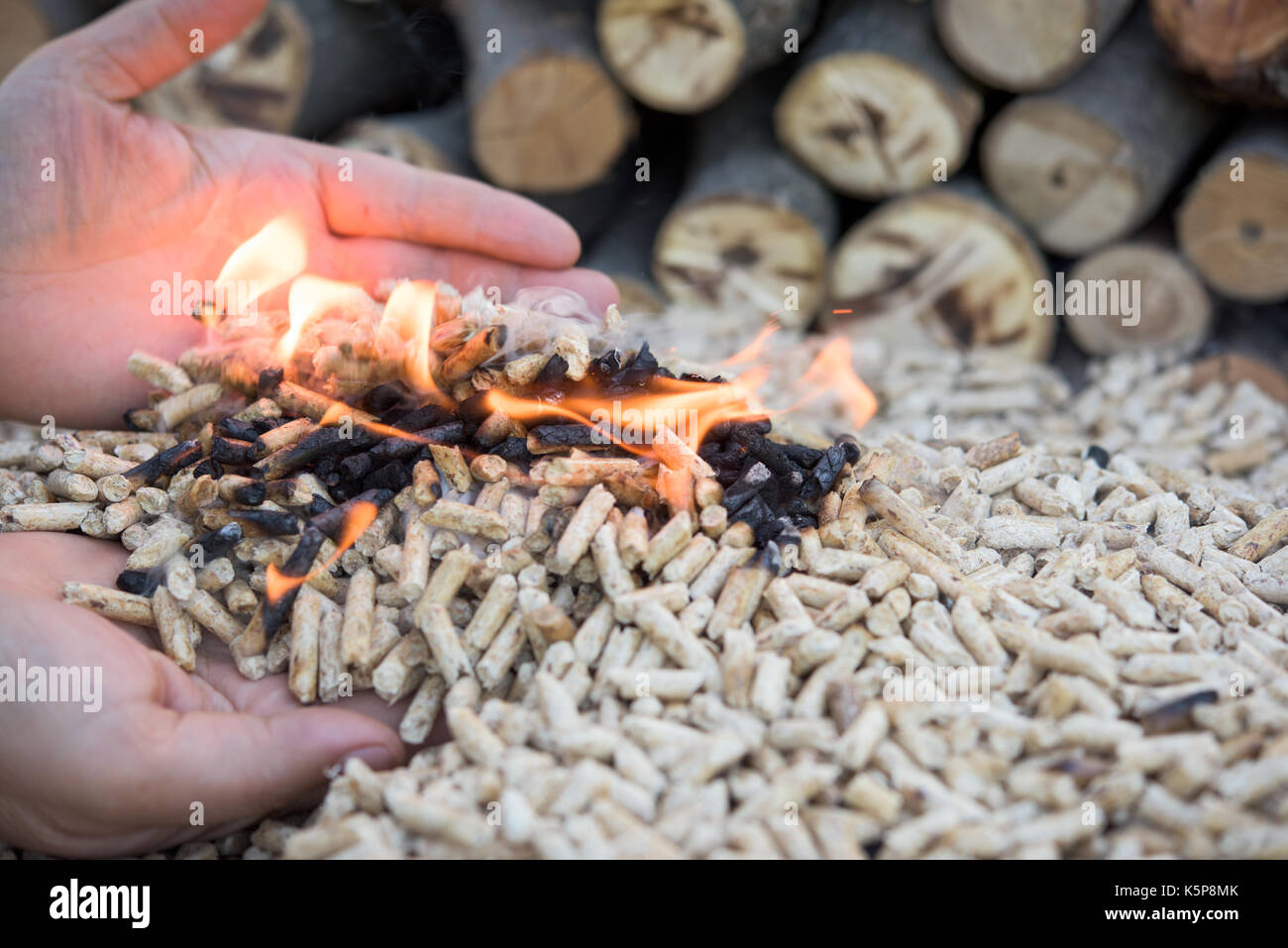 Female hans with biomass in flames Stock Photo - Alamy