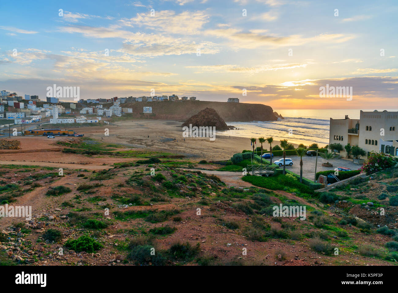 View of Beach Sidi Mohammed Ben Abdellah at sunset. Morocco Stock Photo ...