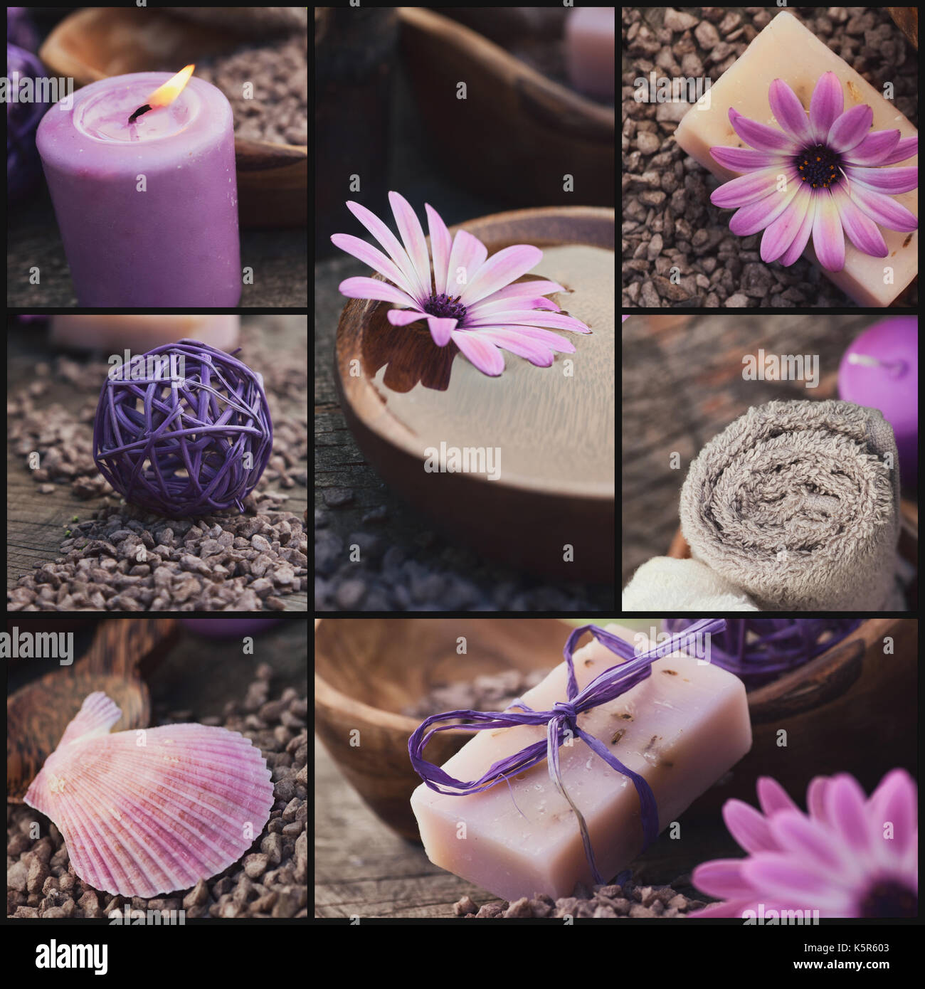 Spa collage series. Wellness collage. Floral water, bath salt, candles ...