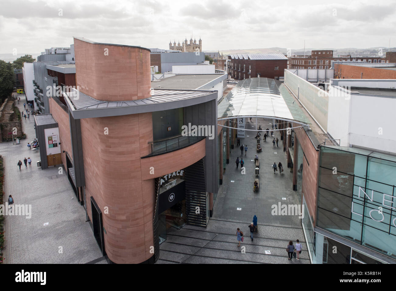 View towards Exeter Cathedral across the rooftops of Princesshay ...