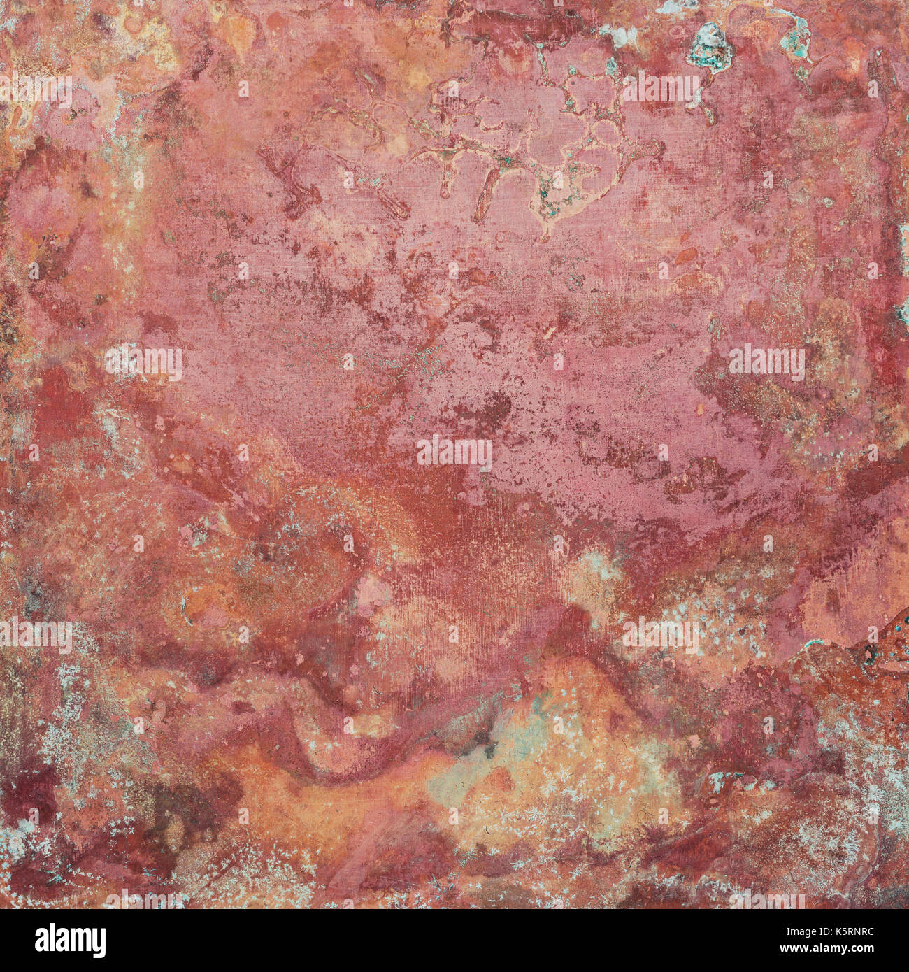 Aged red copper plate texture with green patina stains. Old worn metal ...