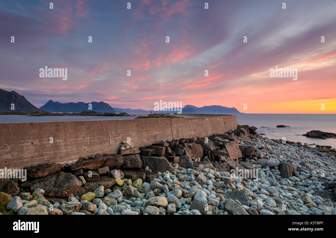 On the pier in Laukvik at sunset, Lofoten islands, Nordland, Norway ...