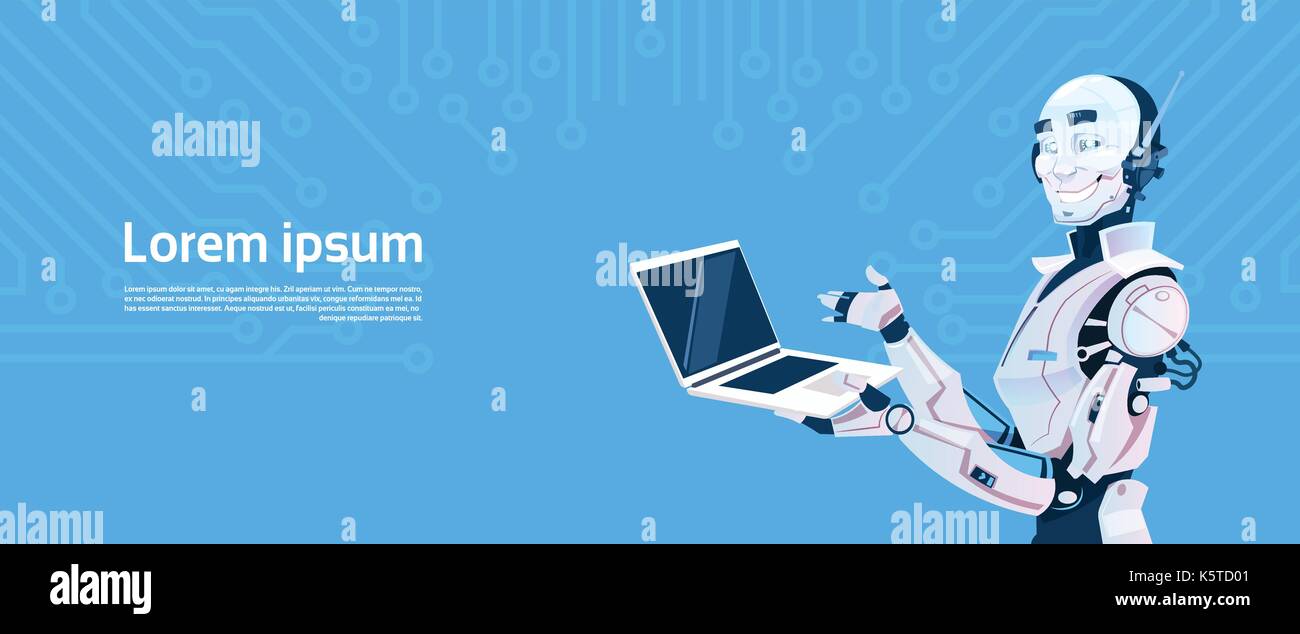 Modern Robot Using Laptop Computer, Futuristic Artificial Intelligence ...