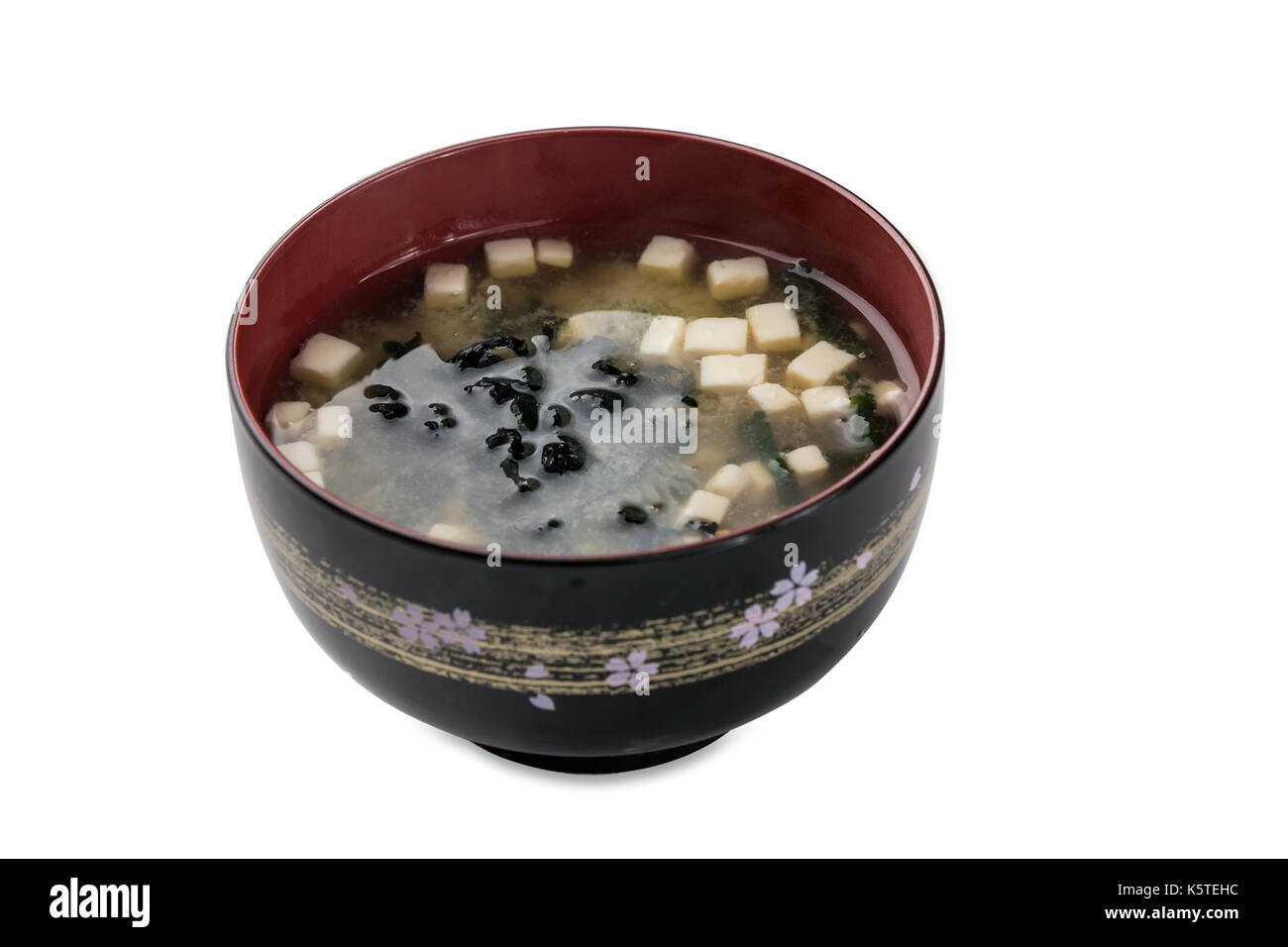 Miso Siru - soup with tofu, wakame seaweed bowl isolated on white background. Studio Shot Stock ...