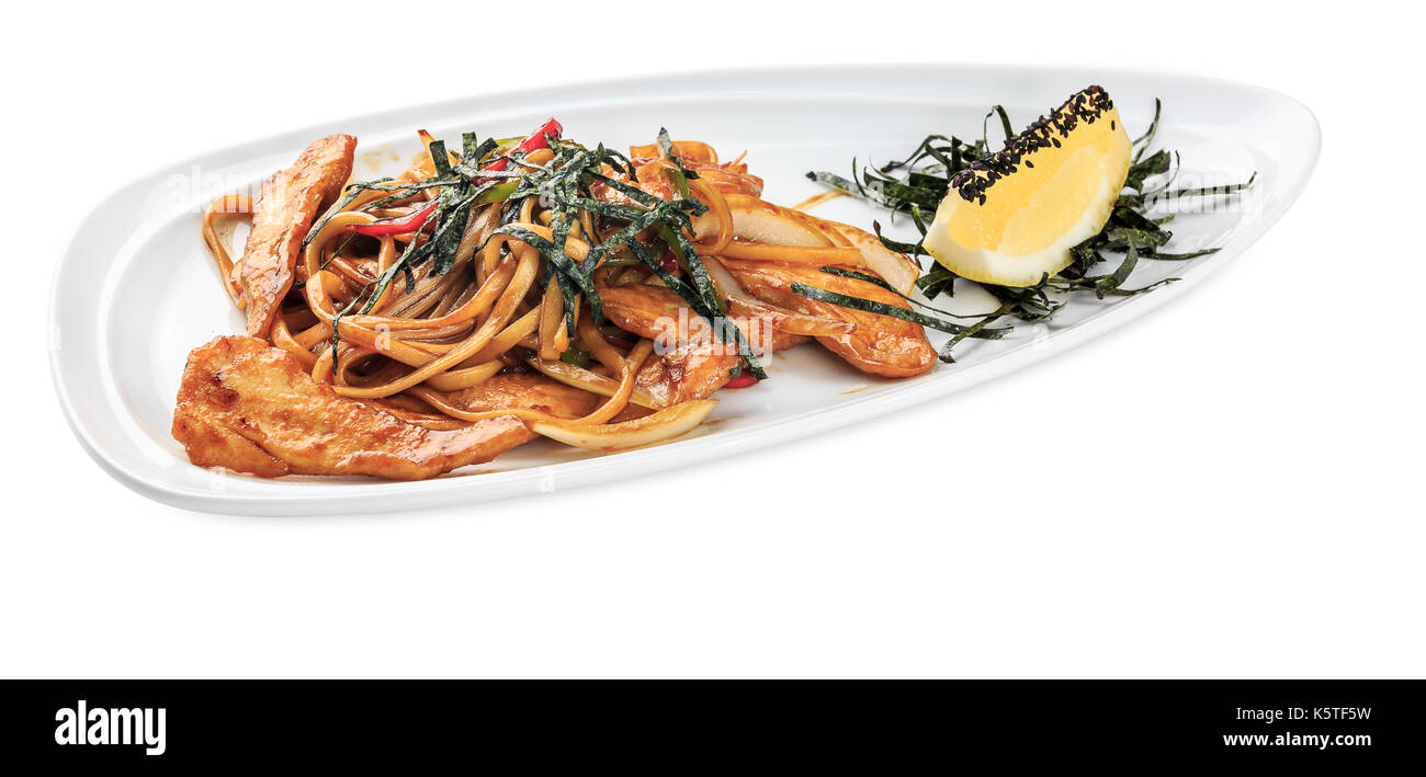 Tori Udon - Noodles with hen plate - isolated on white background ...