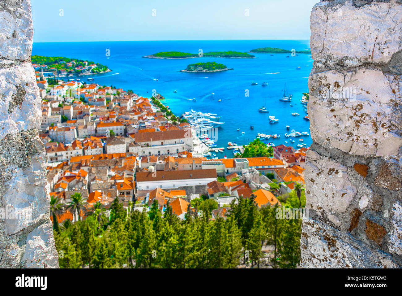 Aerial scenic view at summer famous destination Hvar in Croatia, Europe ...
