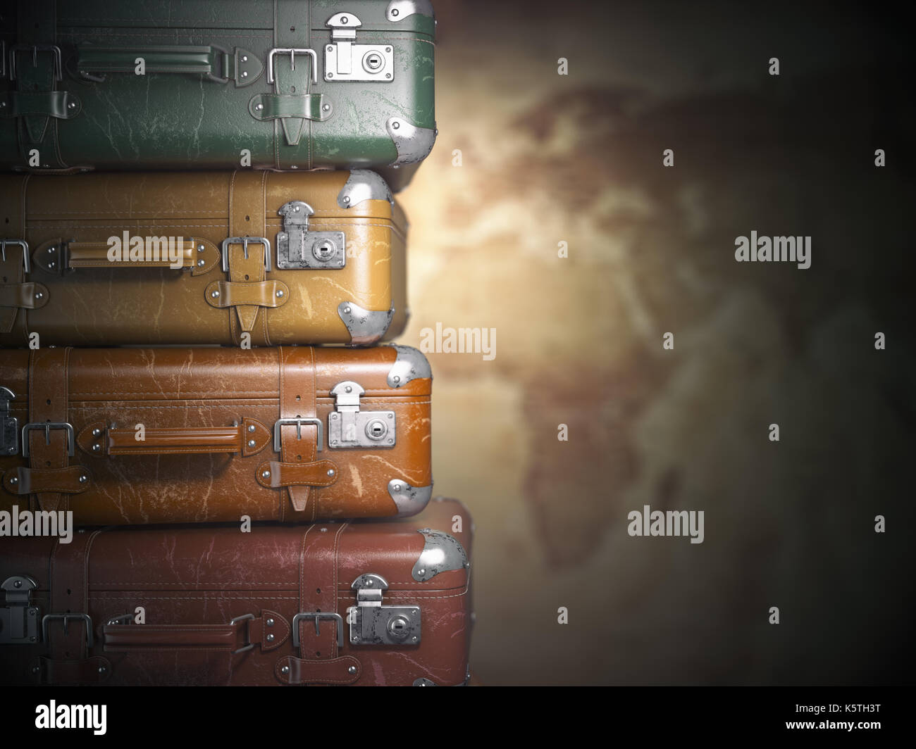 Vintage suitcases on the map background.Turism travel concept. 3d ...