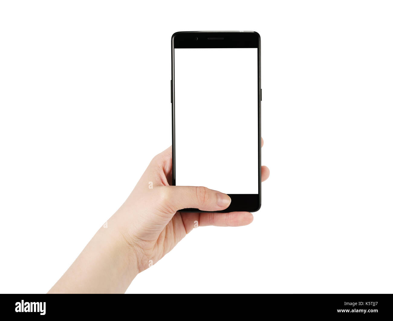 female teen hand holding smartphone isolated on white background Stock ...