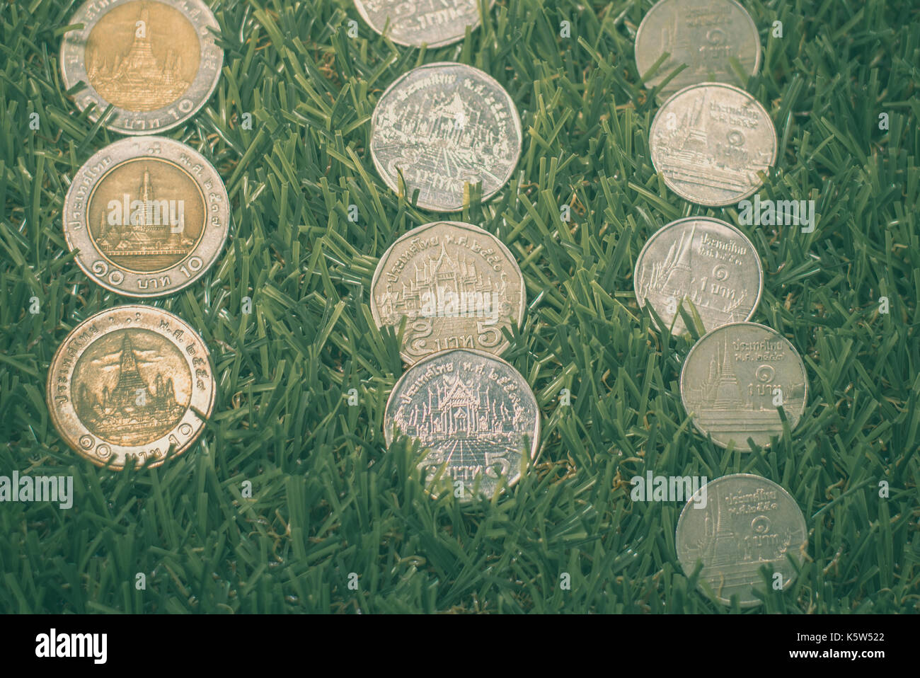 Thai baht coins with grass in background, Thai currency for exchange ...