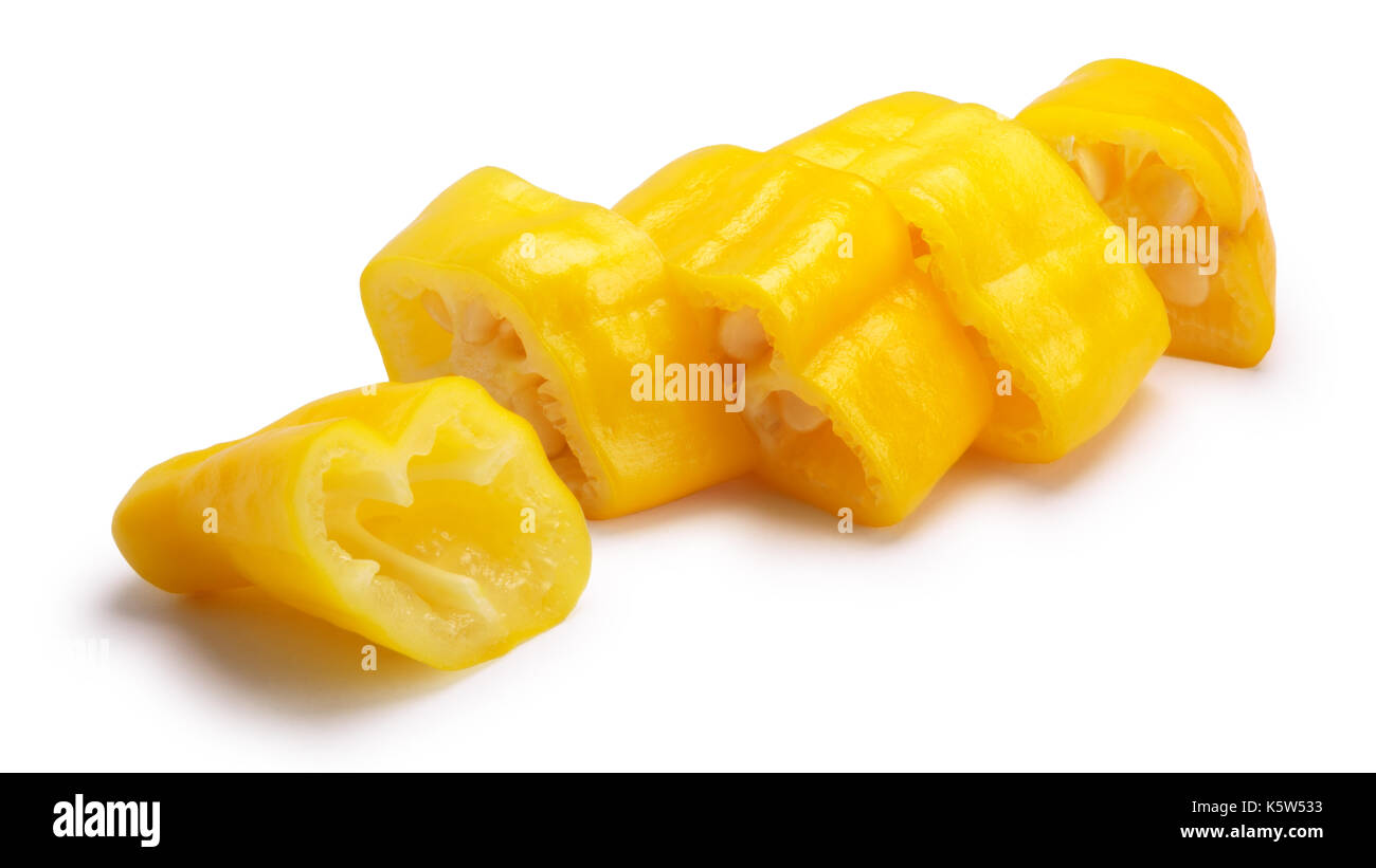 Chopped Aji Lemon Drop chile pepper (Capsicum baccatum). Clipping paths ...