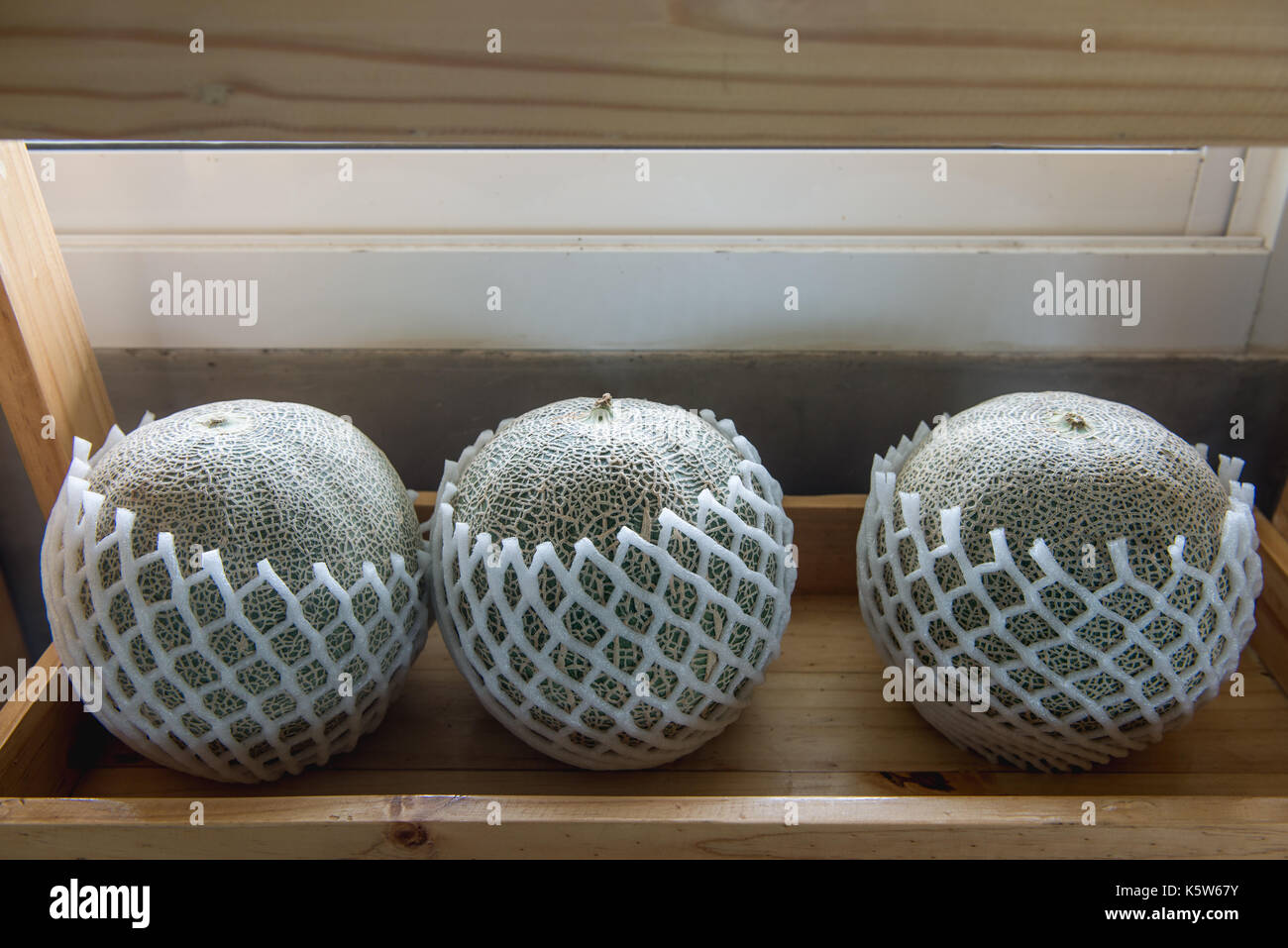 Close-up melons product in shelf with warm light ready to sell Stock ...