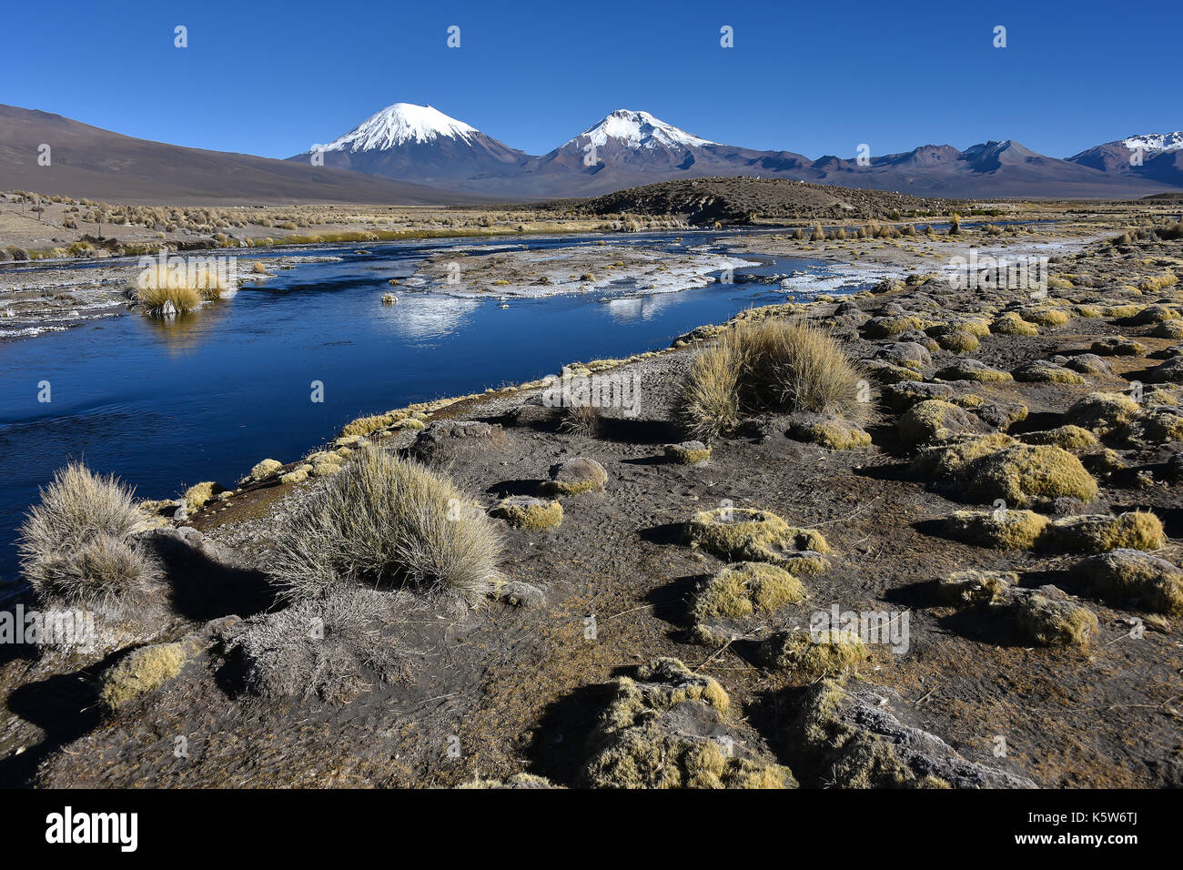 Snow-covered volcanoes Pomerape and Parinacota with icy river, Sajama ...