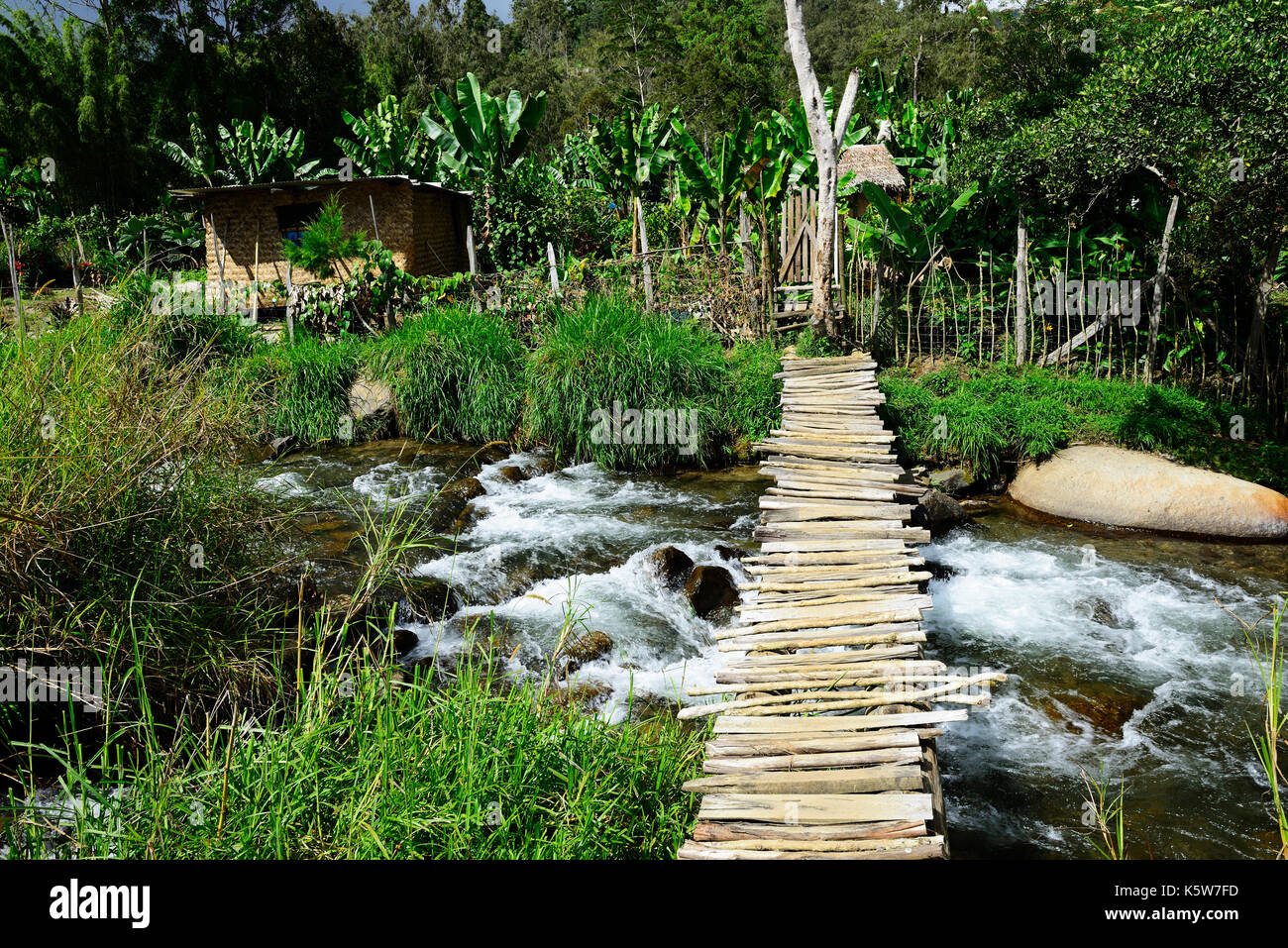 Wooden bridge over the river, small village in the highlands of Kaveve ...
