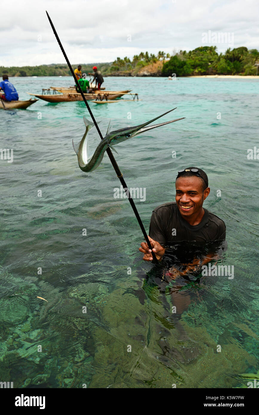 Korafe tribe, man spearing a Needlefish (Belonidae), Yavi Village, Tufi ...