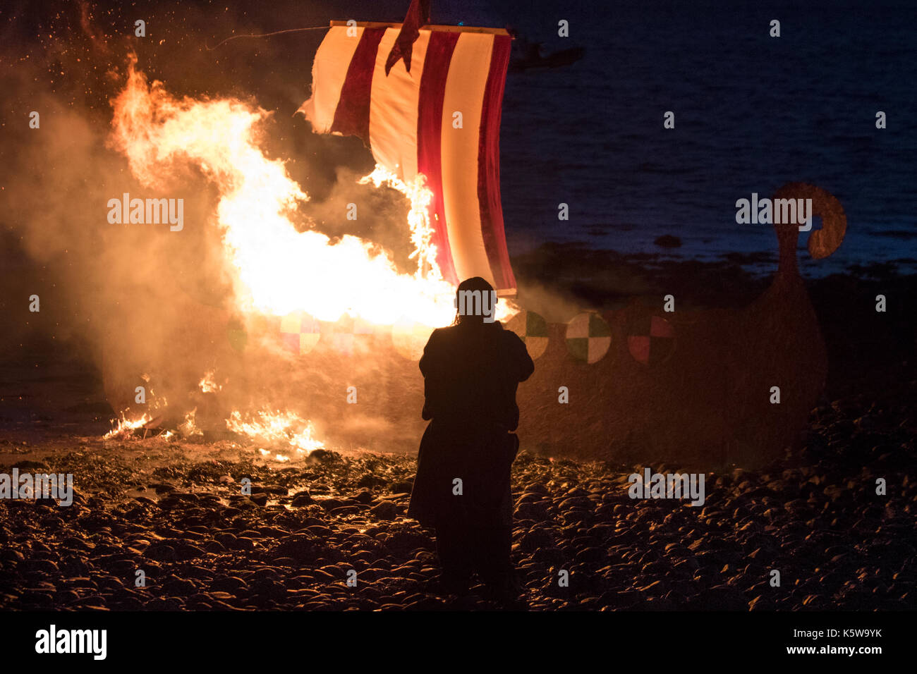 Burning a Viking longboat or longship in Largs, Scotland, UK. September ...