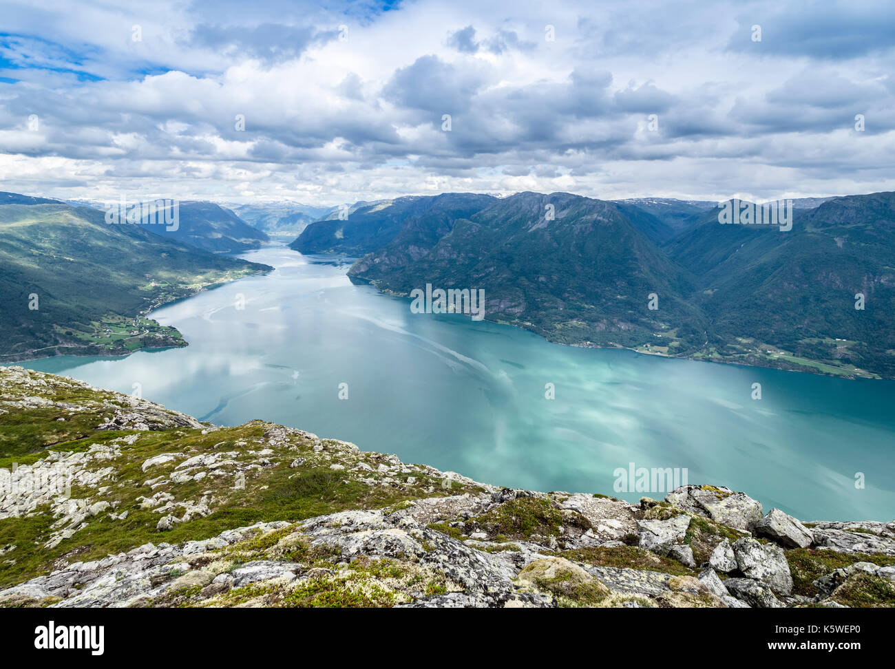 Lustrafjord, branch of Sognefjord, view towards east end at Fortun and ...