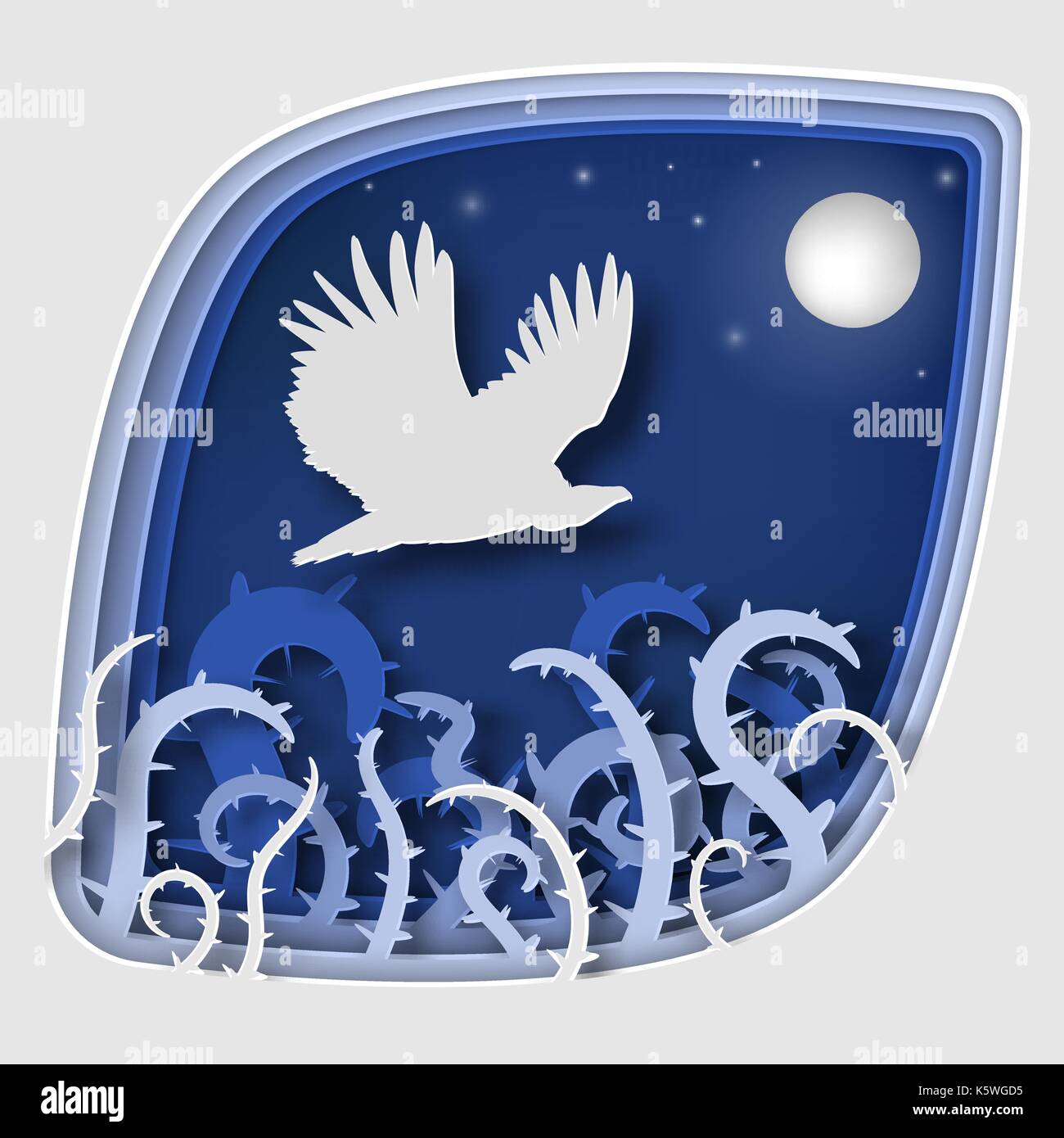 Paper art carve to bird on tree branch in forest at night, origami ...