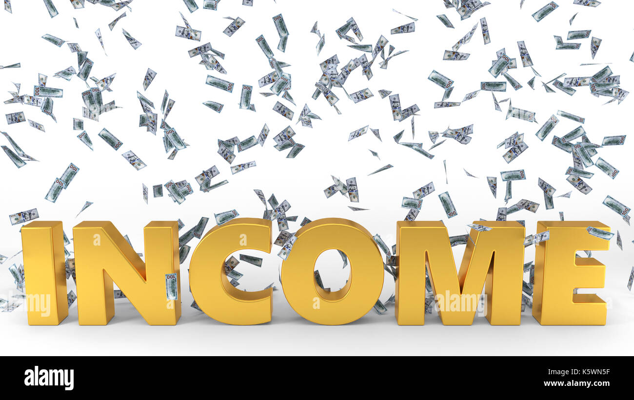 dollar banknote rain over income text. 3d illustration. isolated on ...