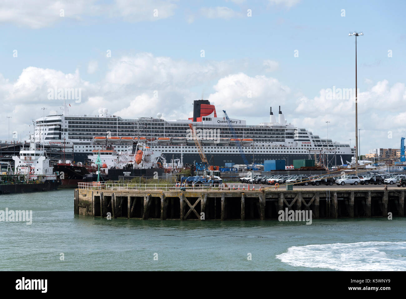 Port of Southampton England UK. August 2017. Cruise ship Queen Mary 2 ...