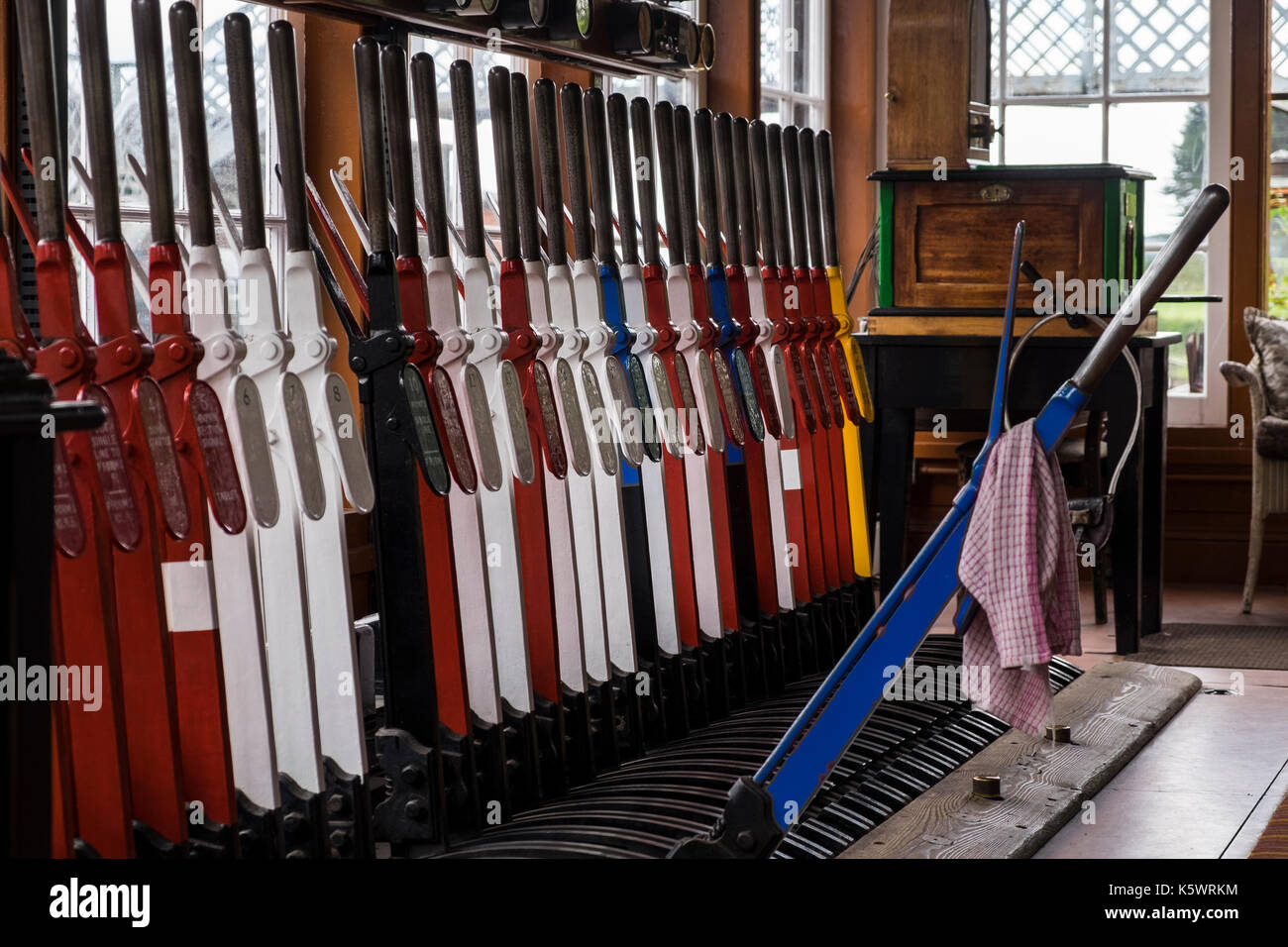 Levers in the signal box at Weybourne station, North Norfolk Railway ...