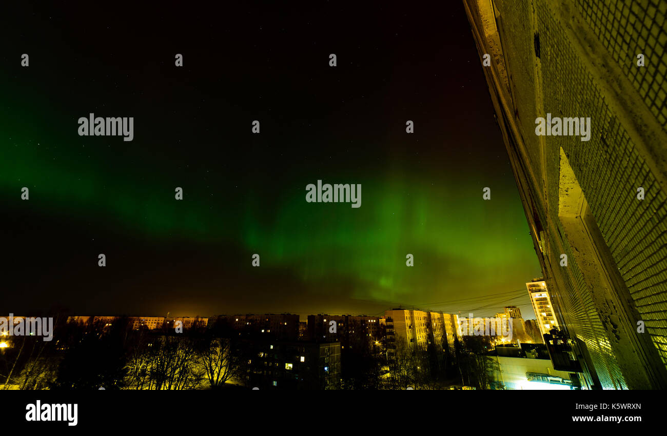 Intense northern lights (Aurora borealis) over city of Riga, Latvia ...