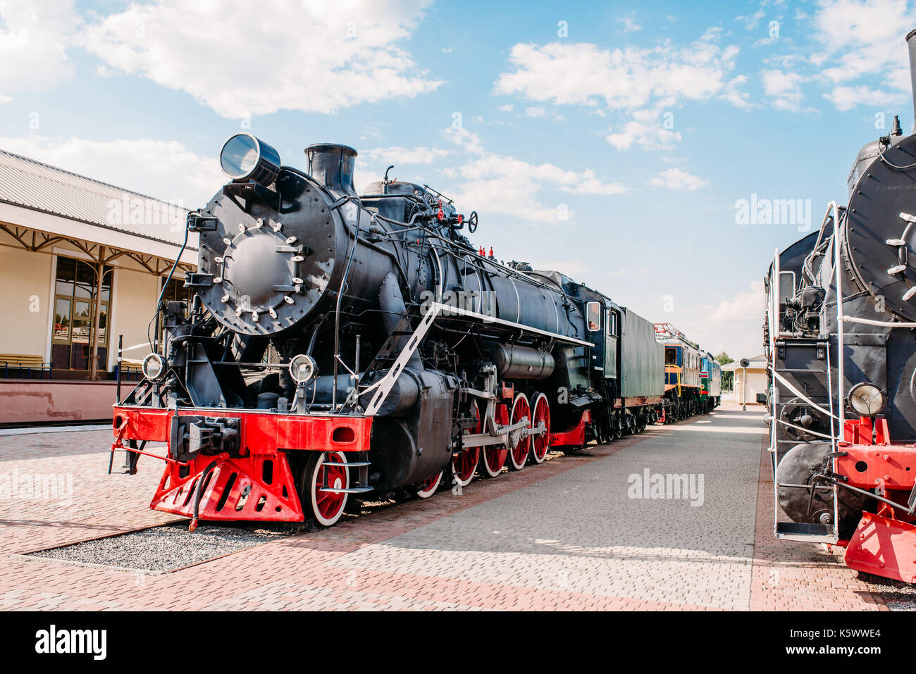 Old steam train, vintage locomotive. Railway engine, ancient railroad ...